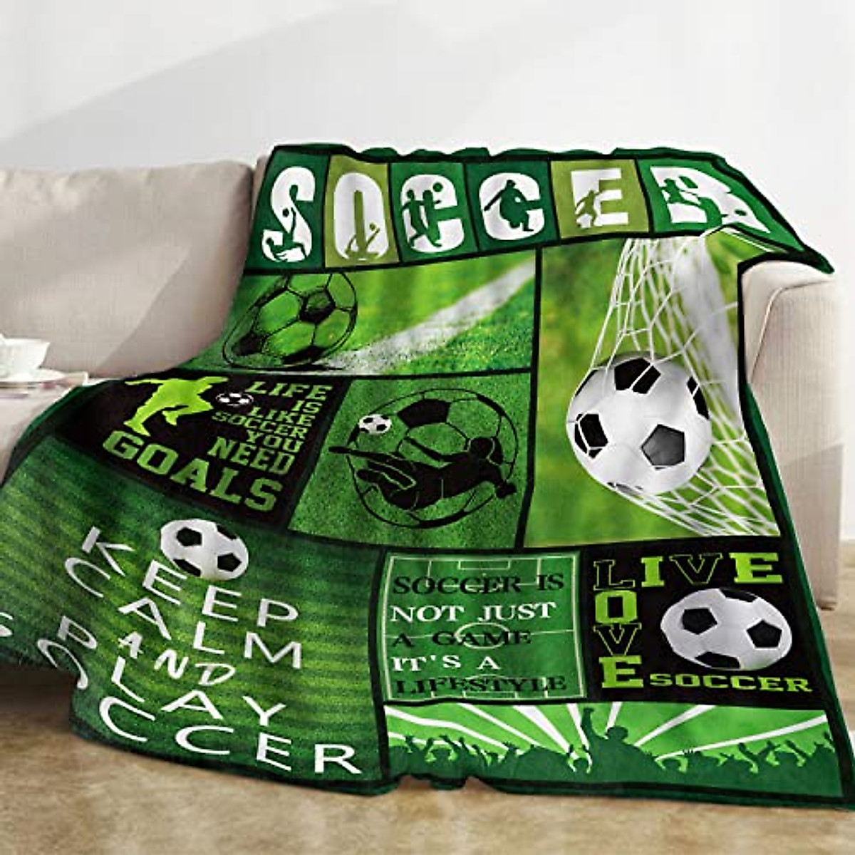 Soccer Throw Blankets Kids Throw Blankets Soccer Soft Flannel Soccer Ball Blanket Green Cozy Fluffy Fuzzy Soccer Lover Gift Blankets for Toddler Boy Men Soccer Team Player Birthday Sofa 40x50 Inch