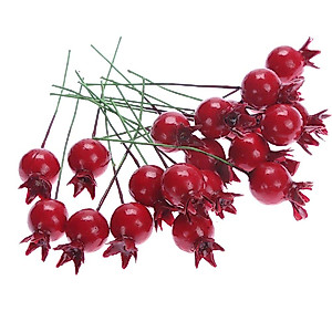 RAYNAG 100 Pieces Mini Artificial Pomegranate Fake Fruit Berry Stamen Christmas Party Decor DIY Craft,Red