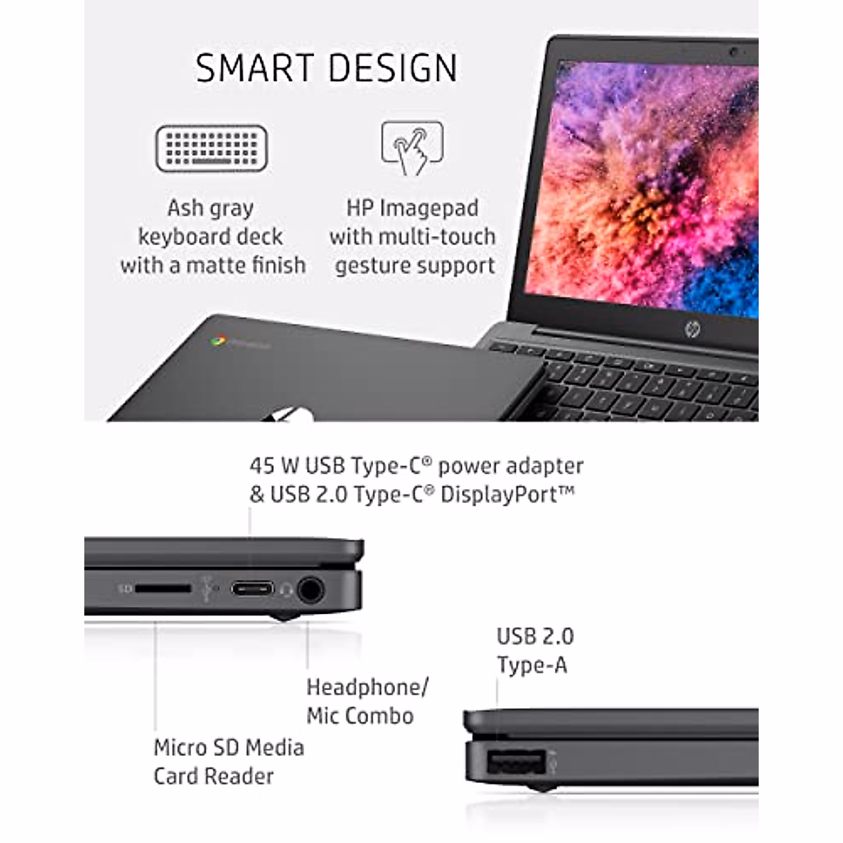 HP Chromebook 11 Laptop, MediaTek MT8183, 4 GB RAM, 64 GB eMMC, 11.6" HD Touchscreen, Chrome OS, Long Battery Life, USB-C Port, Custom-Tuned Speakers, Lightweight (11a-na0100nr, 2022, Ash Gray)