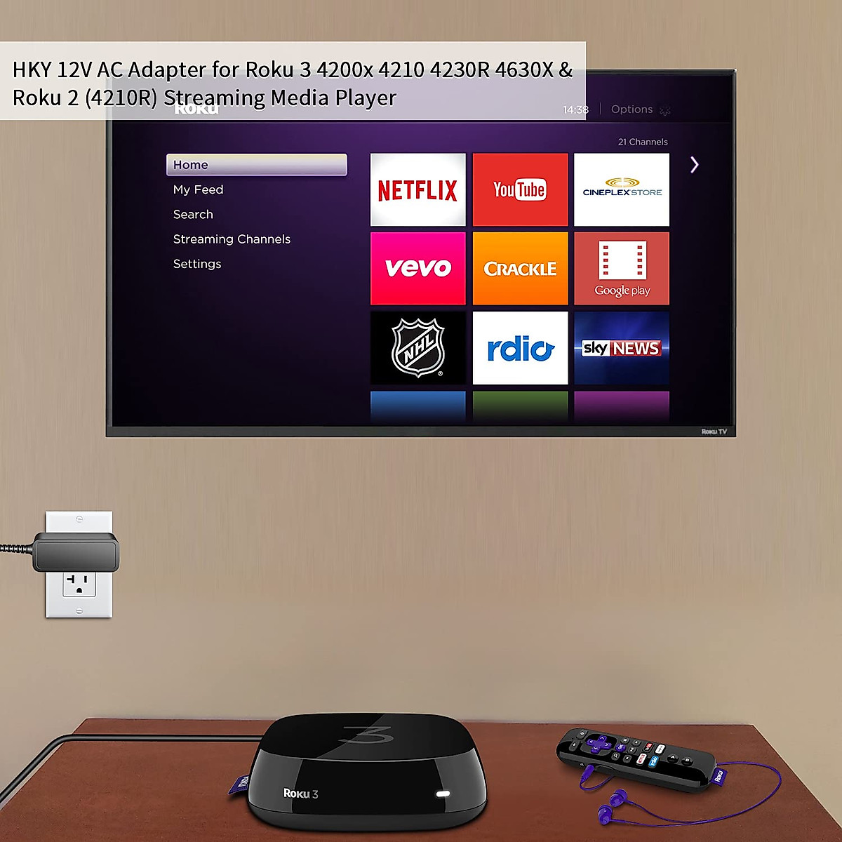 HKY 12V AC/DC Power Adapter compatible with Roku 3 4200x 4210 4230R & Roku 2 (4210R)(2013-2015 model) Model# FA-120 1000SUC Replacement Switching Power Supply Cord Cable Wall Home Charger