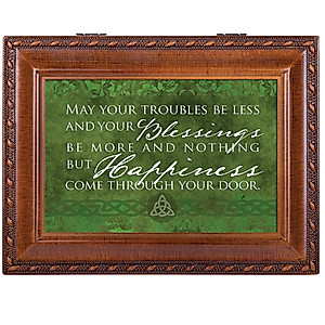 Cottage Garden Troubles Less Blessings More Happiness Woodgrain Rope Trim Jewelry Music Box Plays Irish Lullaby