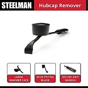 Steelman HubCap Remover Auto Tool for Mechanics, Heavy-Duty Steel, Large/Rubber Hammer Face, Wide Prying Blade, Knobbed Handle
