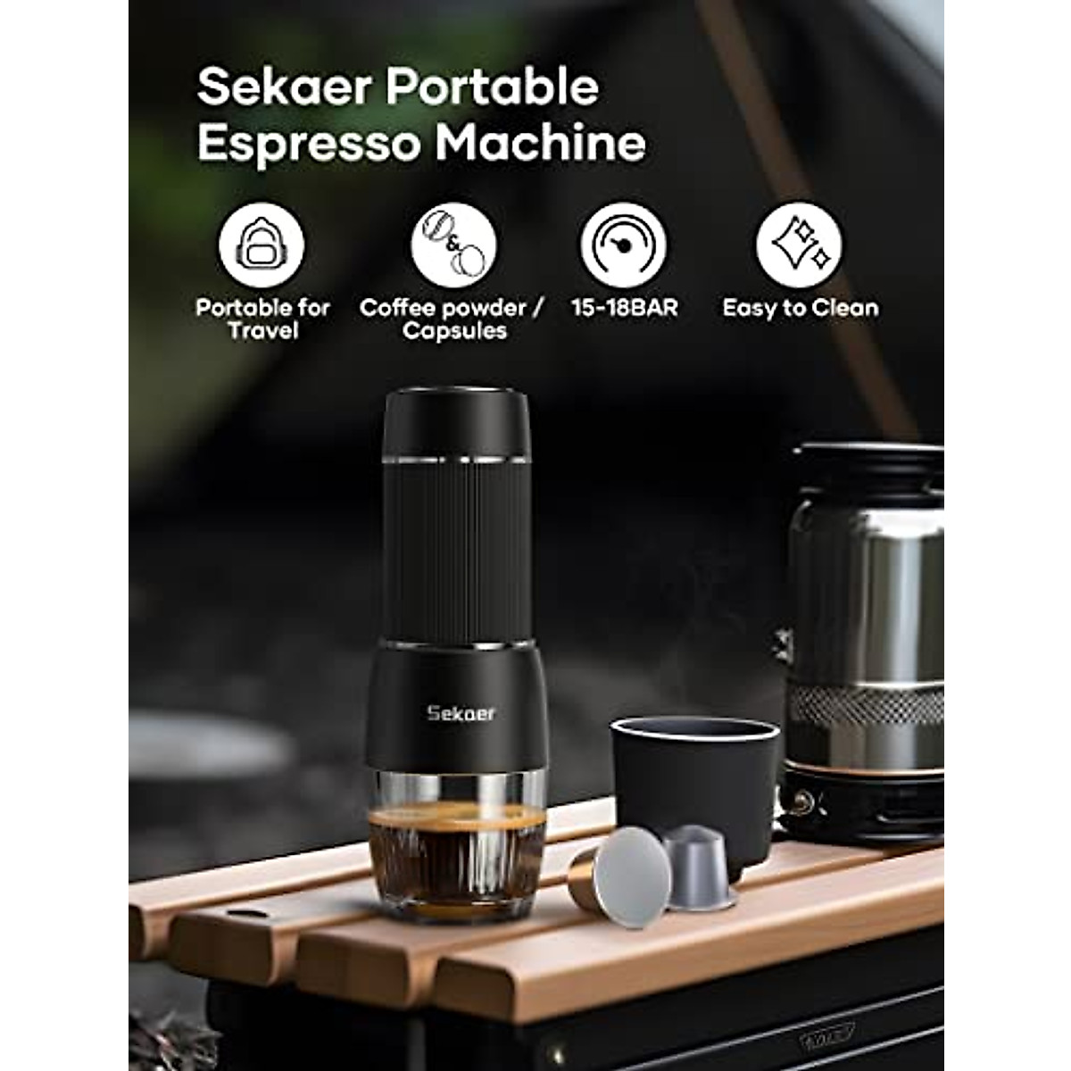 Sekaer Portable Espresso Machine Travel Coffee Maker, 2 in 1 Small Mini Presso Compatible with Nespresso Original Capsules, 18 Bar Pressure, Manual Aeropress Coffee Machine