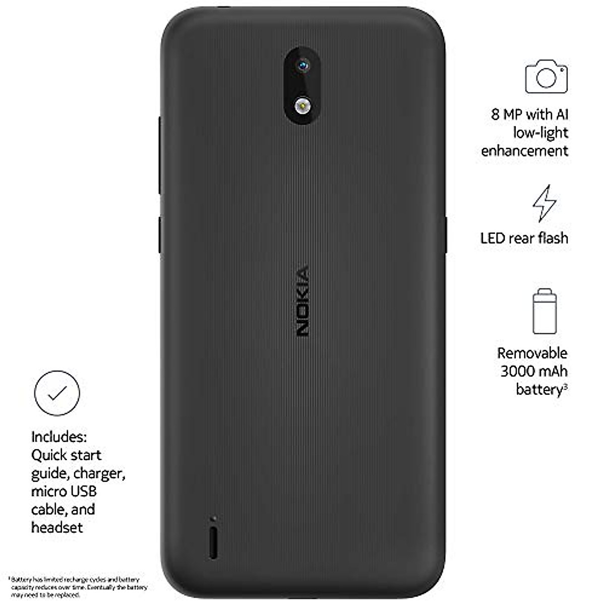 Nokia 1.3 Fully Unlocked Smartphone with 5.7" HD+ Screen, AI-Powered 8 MP Camera and Android 10 Go Edition, Charcoal, 2020 (AT&T/T-Mobile/Cricket/Tracfone/Simple Mobile)