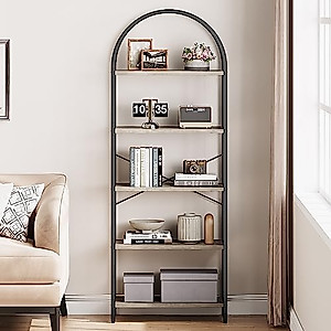 IDEALHOUSE Bookshelf 5 Tier Bookcase Arched Display Racks Tall Standing Bookshelves Metal Frame Farmhouse Storage Rack Shelf Grey Book Shelf for Bedroom, Living Room, Home Office