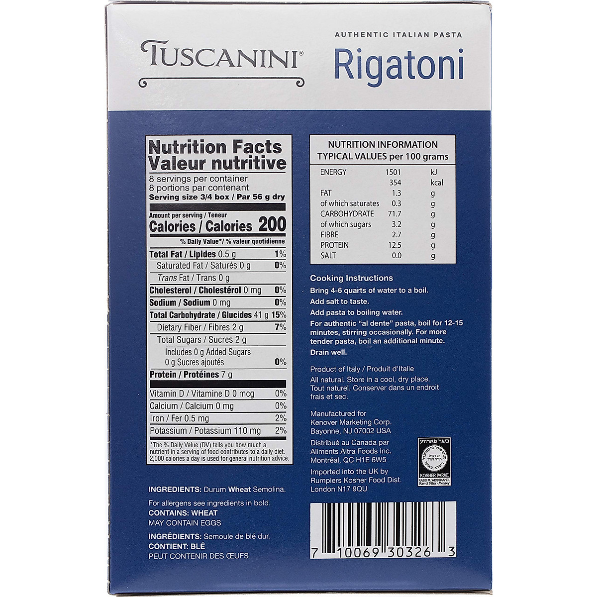 Tuscanini Authentic Italian Rigatoni Pasta 16oz (4 Pack) Made with Premium Durum Wheat, Done in 12-15 Minutes