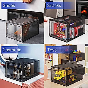iBune 12 Pack Drop Front Shoe Storage Boxes, Clear Plastic Shoe Organizer for Closet, Easy Assembly, Stackable Foldable Shoe Containers for Display Sneakers Boots, Fit US Size up to 12, Black