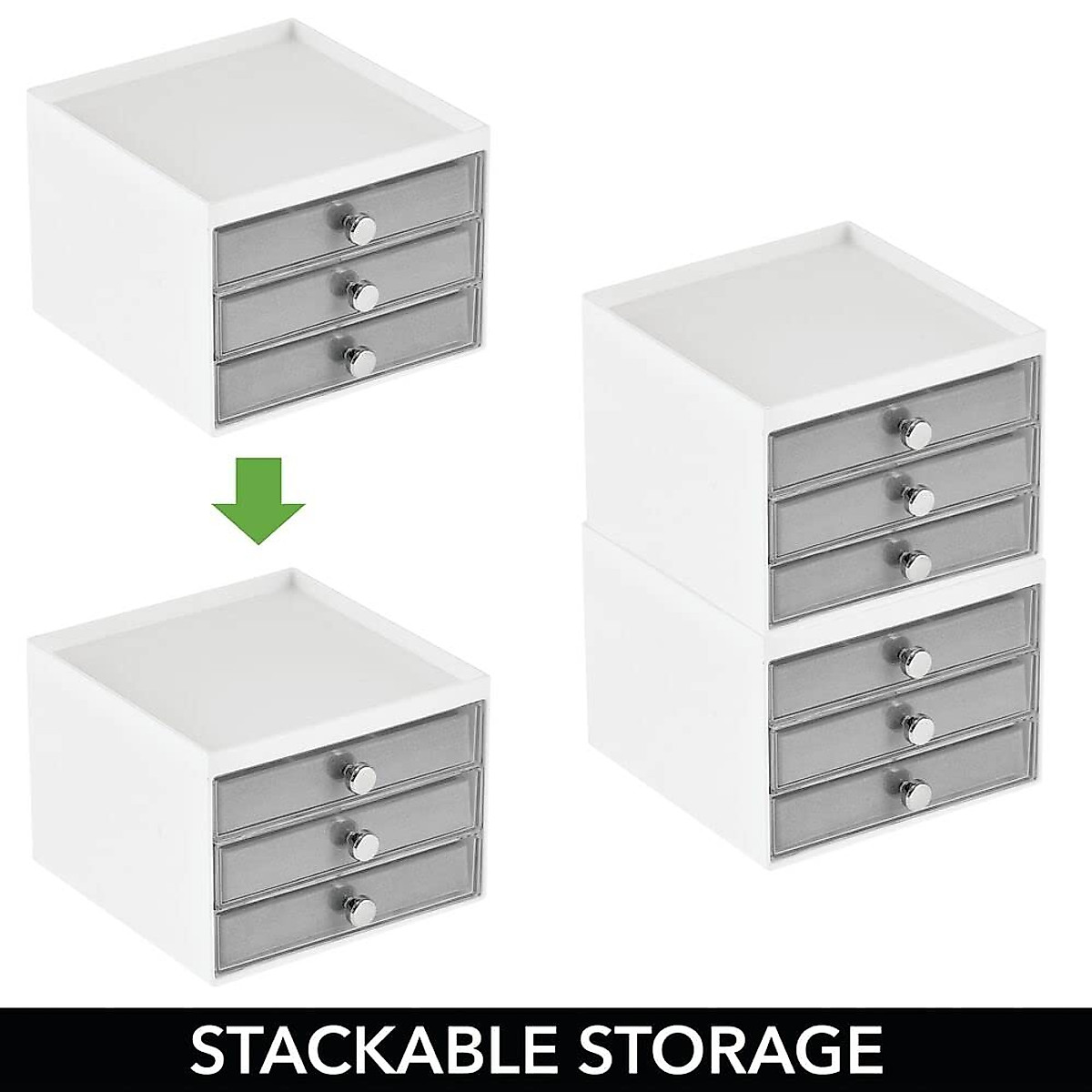 mDesign Plastic Small 3-Drawer Jewelry Organizer Box for Storage on Dresser, Vanity, Countertop - Holds Earrings, Bracelets, Necklaces, Bangles, Rings, 2 Pack - White/Gray