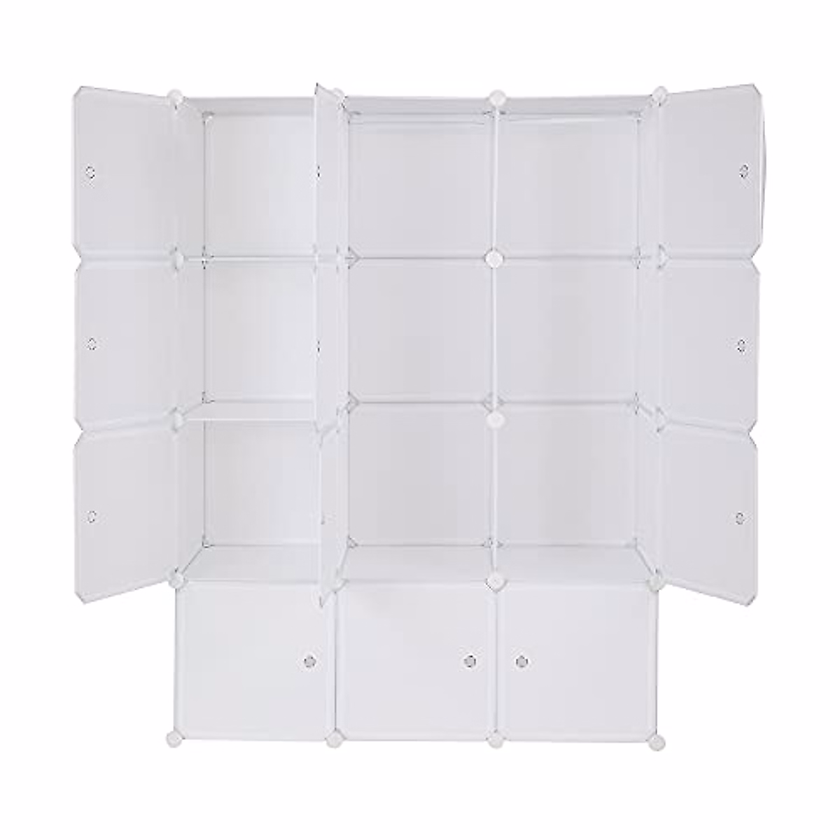Modular Cube Organizer with Hanging Rod 12 Cube Stackable Plastic Wardrobe Cabinet with White Doors - Portable Closet Wardrobe
