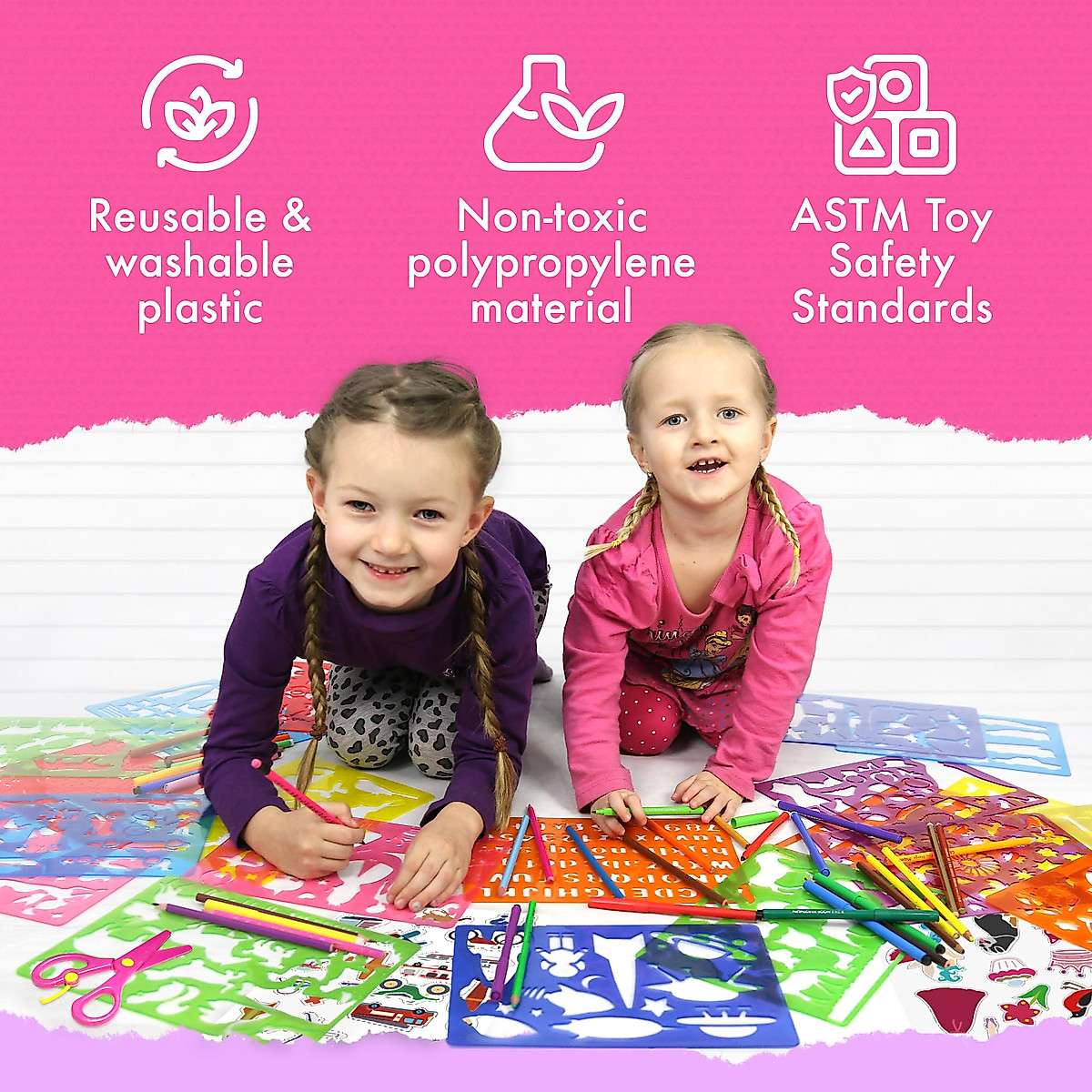 Mimtom Drawing Stencil Kit for Kids, 51 PC Art Set with 270+ Shapes, Sketch Pad, and Colored Pencils for Child's DIY Arts and Crafts, Draw with Princess, Fairies and Animal Stencils, Pink