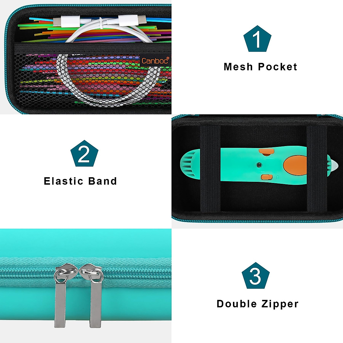 Canboc Hard Case for 3Doodler Start+ Essentials (2024) 3D Pen Set for Kids, 3D Pens Storage Organizer Carrying Holder, Mesh Pocket fit 3Doodler Start Plastic Filaments, USB Cable,Turquoise (CASE ONLY)