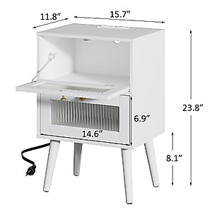 RRX Wooden Nightstand with Charging Station, Bedside Table with Reeded Glass Door Drawer, 2 Tiers End Table Storage,Side Table for Bedroom White (1)