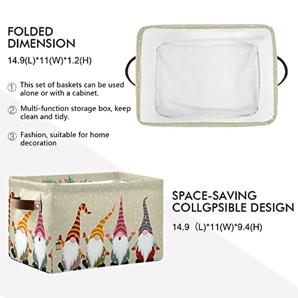 senya Christmas Basket with Handles, Christmas Card with Gnomes Foldable Fabric Collapsible Storage Bins Organizer Bag for Storage Toy Clothes, one size x1