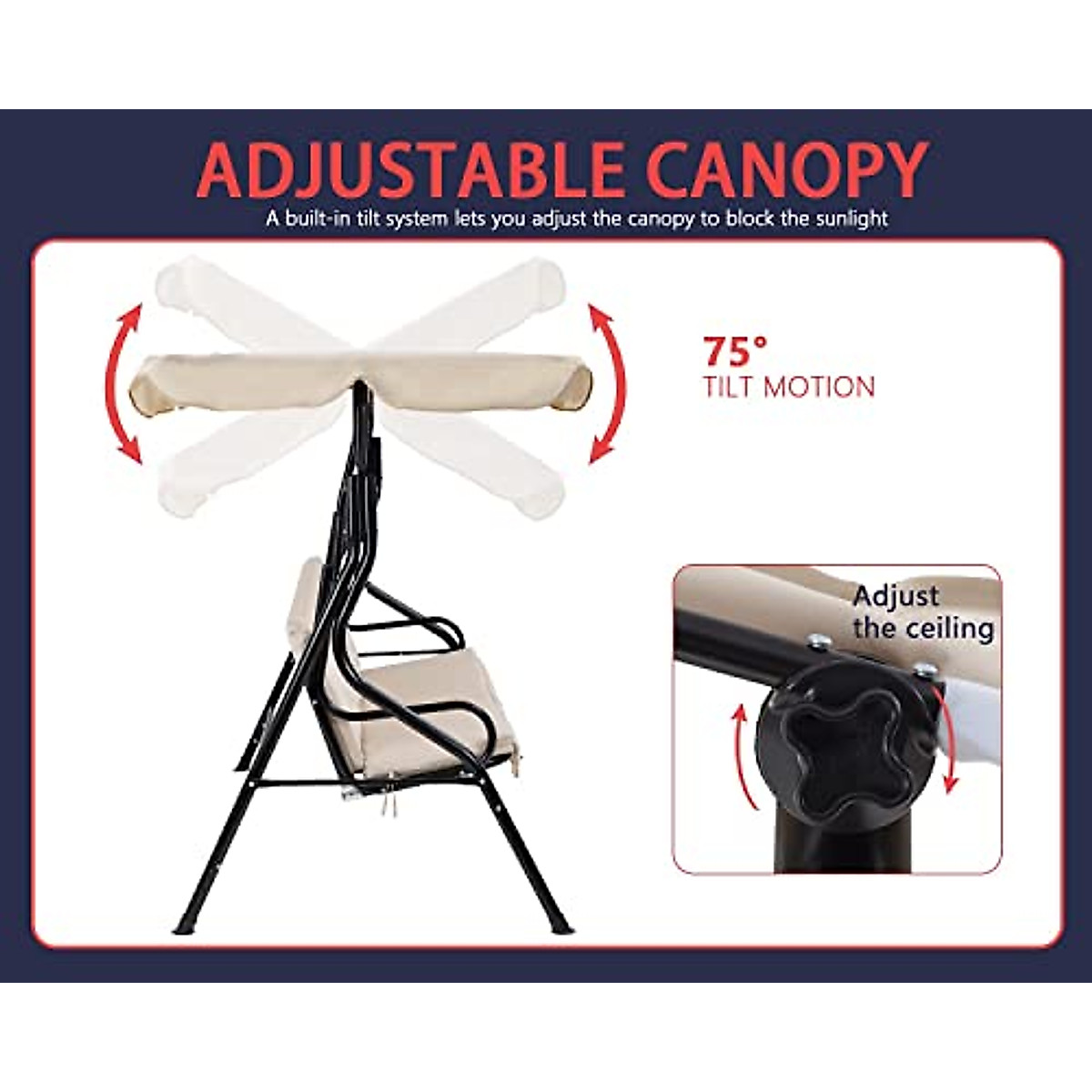 Outdoor Swing Patio Swing with Canopy Backyard Outdoor Swing Chair with Removable Cushions Adjustable Tilt Canopy Comfortable Armrests Stable Frame for Patio Outdoor Garden Backyard Beige