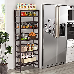 Homykic 6-Tier Bamboo Bookshelves and Bookcases, Adjustable 63.4”Tall Shallow Book Shelf Organizer Rack, Freestanding Storage Shelving Unit for Living Room, Kitchen, Bathroom, Office, Espresso