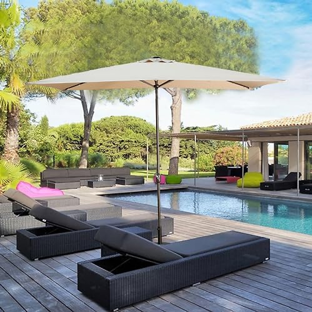 CASAINC 6.5 X10 FT Solar LED Rectangular Patio Umbrella Market Table Umbrella Outdoor Aluminium Umbrella with Push Button Tilt and Crank for Garden Lawn Deck Backyard Pool-Beige