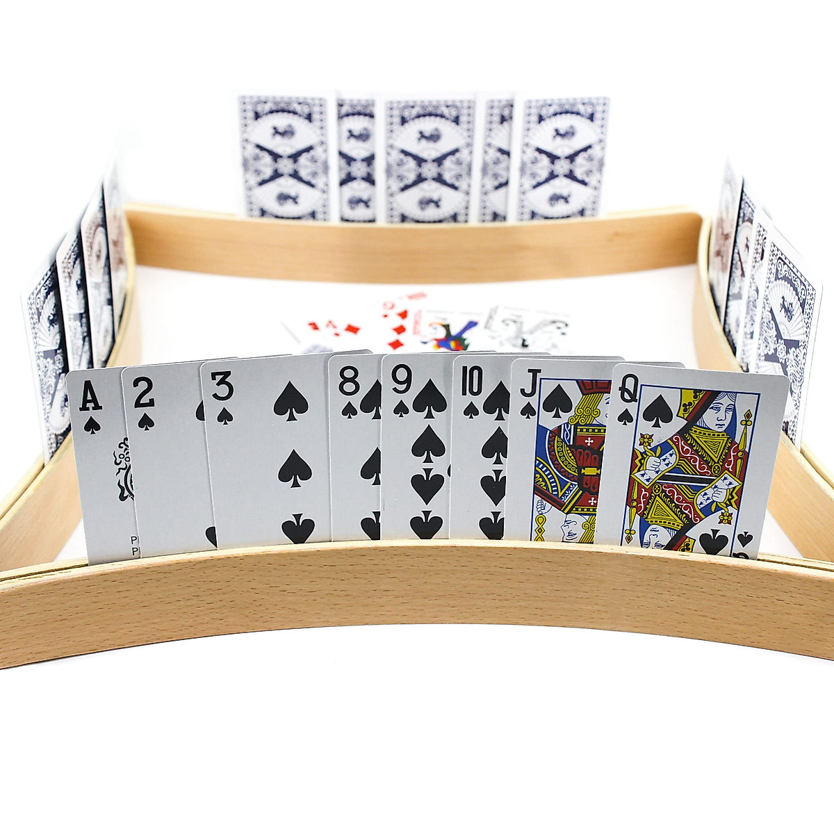 VINJOE Panorama Natural Wooden Curved Playing Card Holders Organizer Tray-Premium Solid Beechwood Playing Card Holders-Card Holder for Kids and Elder-Set of 4