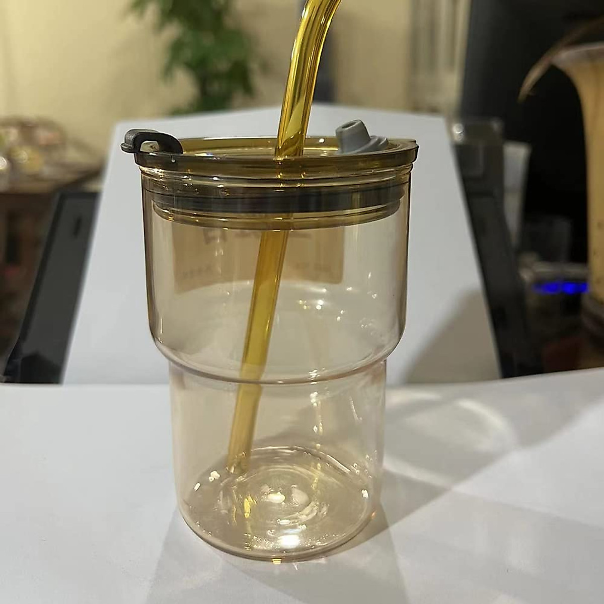 Ochine Glass Coffee Mugs Tea Cups Set Drinking Glasses Cup Cappuccino Glass Mugs Beer Glasses 12oz Clear Iced Coffee Cup Espresso Mug Cups Large Insulated Glasses Coffee Mug with Straw and Lid