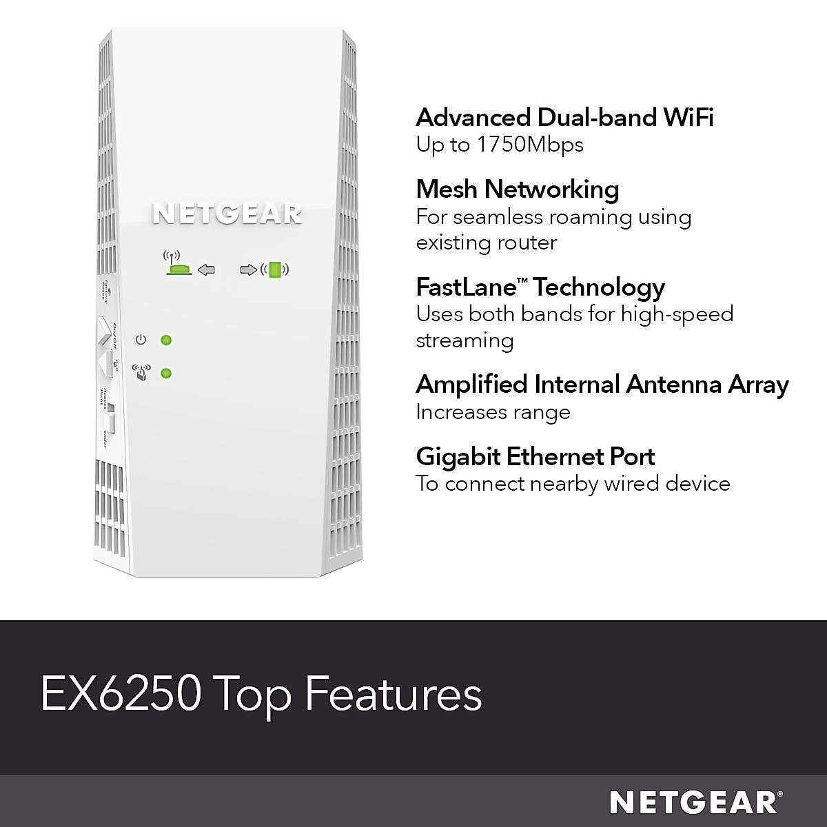 NETGEAR Wi-Fi Mesh Range Extender EX6250 - Coverage up to 2500 sq.ft. and 25 devices with AC1750 Dual Band Wireless Signal Booster & Repeater (up to 1750Mbps speed), plus Mesh Smart Roaming (Renewed)
