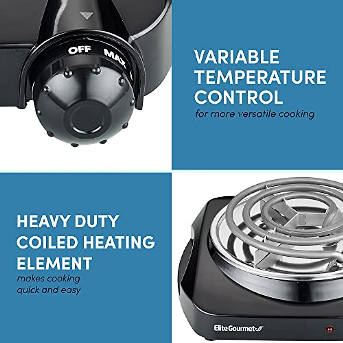 Elite Gourmet ESB301C Countertop Single Coiled Burner, 1100 Watts Electric Hot Plate, Temperature Controls, Power Indicator Lights, Easy to Clean, Black