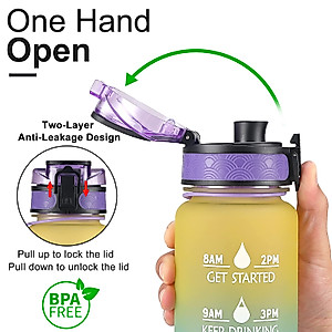 Kanglesdip 32 oz Large Water Bottle with Motivational Time Marker & Removable Strainer,Fast Flow BPA Free for Fitness, Gym and Outdoor Sports(Yellow/Blue/Purple, 32 oz)