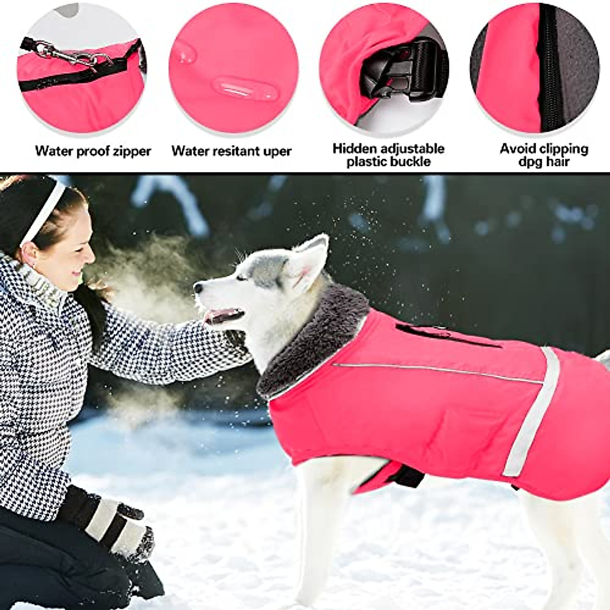Doglay Dog Winter Coat with Thicken Furry Collar, Fleece Lining Reflective Warm Dog Jacket, Waterproof Adjustable Dog Clothes for Cold Weather, Soft Puppy Vest Apparel for Small Medium Large Dogs