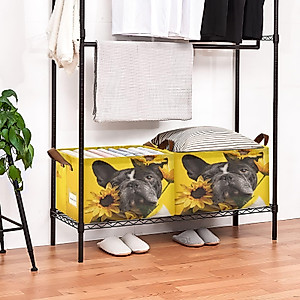 DIGTIA French Bulldog Sunflowers Storage Bins Yellow Summer Collapsible Storage Basket with Handles Storage Box Organizer for Clothes Shelves Closet Cabinet Home Office, 1PC