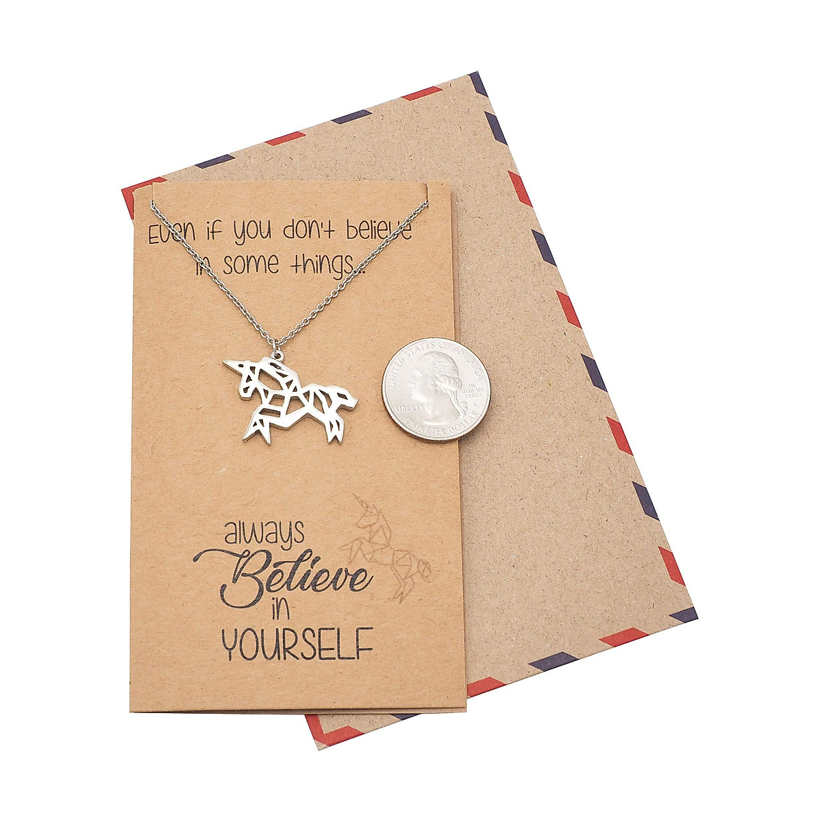 quan jewelry Handmade Origami Unicorn Pendant Necklace, Animal Jewelry Graduation Gifts for Women & Men with Inspirational Greeting Card, Adjustable 16" to 18" - Handcrafted
