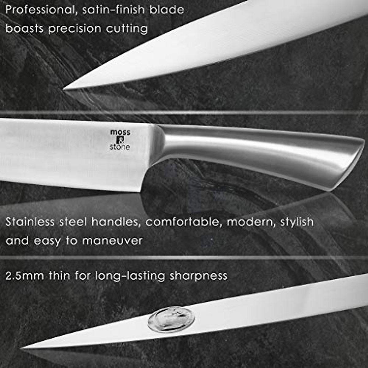 Professional Kitchen Knife Chef Set, Knife Set With Block, Kitchen Knife Set Stainless Steel Scratch Resistant And Rust Proof, Black Knife Block By Moss & Stone. (6 piece)
