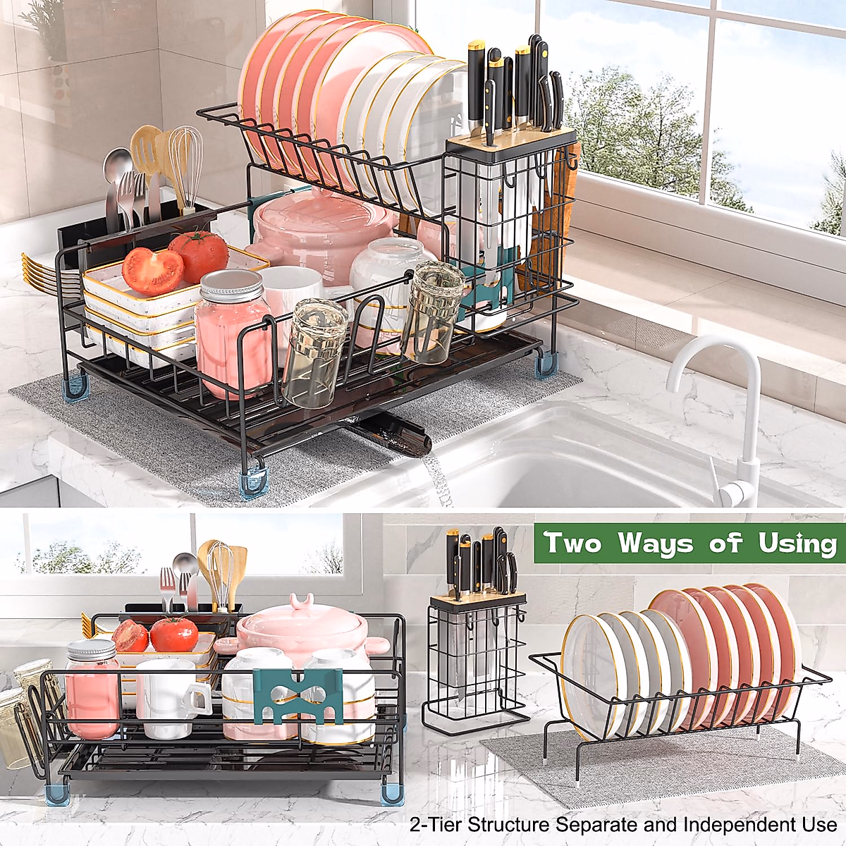 slhsy Dish Drying Rack, Stainless Steel 2-Tier Dish Rack with Cup Holder Utensil Holder Cutting Board Holder Knife Holder with Drainboard Black