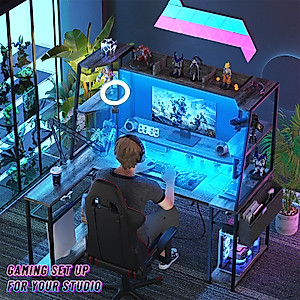 armocity L Shaped Gaming Desk with Hutch & Shelves, 47'' Gaming Computer Desk with LED Lights & Outlets, PC Gaming Desk with Storage & Monitor Stand, Grey Oak