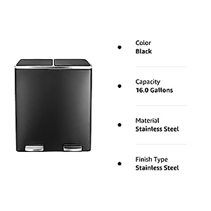AthLike 60L(16 Gal) Dual Trash Can, Stainless Steel Kitchen Garbage Can, Double Compartment Classified Rubbish Bin, Recycle Dustbin w/Plastic Inner Buckets, Handle, Soft-Close Lid, Airtight