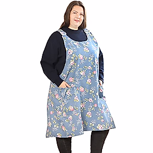 APRONNER Big Plus Size Aprons for Women with Pockets Cotton Linen Baking Kitchen Cooking Rose Flower