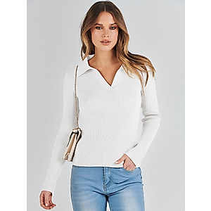 ANRABESS Women's 2024 Fall V Neck Shirts Long Sleeve Ribbed Knit Sweater Lapel Slim Fitted Casual Basic Tee Tops White Small