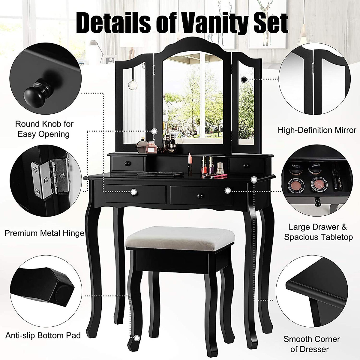 RIVALLYCOOL 2-in-1 Vanity Table Set, Multipurpose Dressing Desk Set with 4 Drawers Tri-Folding Mirror, Cushioned Stool, Wood Table with with Modern Shape, Bedroom Bathroom Makeup Table (Black)
