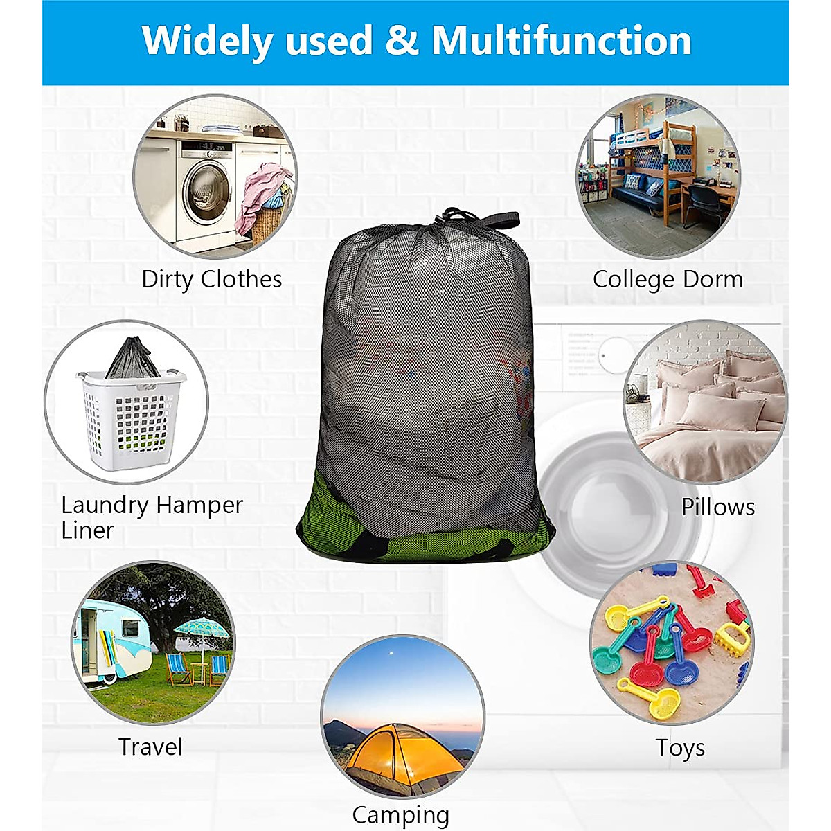 Large Mesh Laundry Bag with Straps and Zipper Pockets, Heavy Duty Mesh Drawstring Bag Foldable, Factories, College, Dorm, Travel and Apartment (24" x 36" | Black)