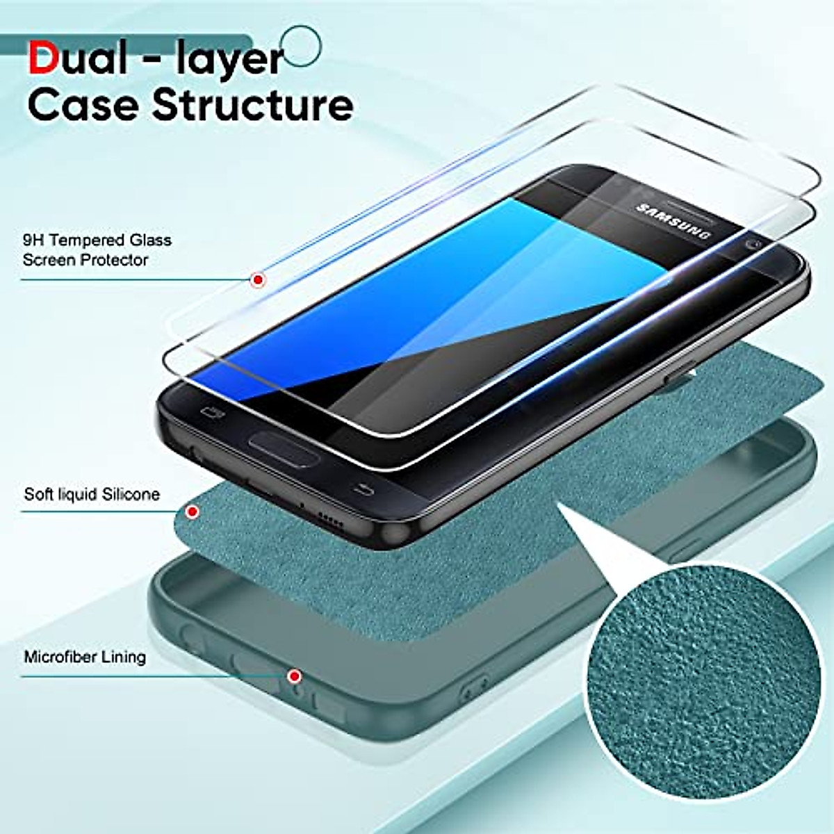 LeYi for Galaxy S7 Case, Samsung S7 Phone Case with 2 Pack Tempered Glass Screen Protector for Women Men, Liquid Silicone Slim Silky-Soft Gel Rubber Phone Case Cover for Samsung Galaxy S7, Green