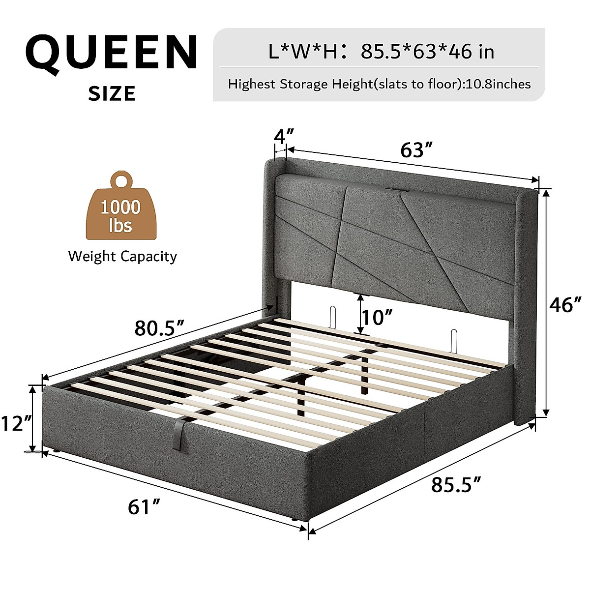 iPormis Queen Size Lift Up Storage Bed Frame with Charging Station, Upholstered Platform Bed Frame with Headboard, Hydraulic Storage, No Box Spring Needed, Noise-Free, Easy Assembly, Dark Grey