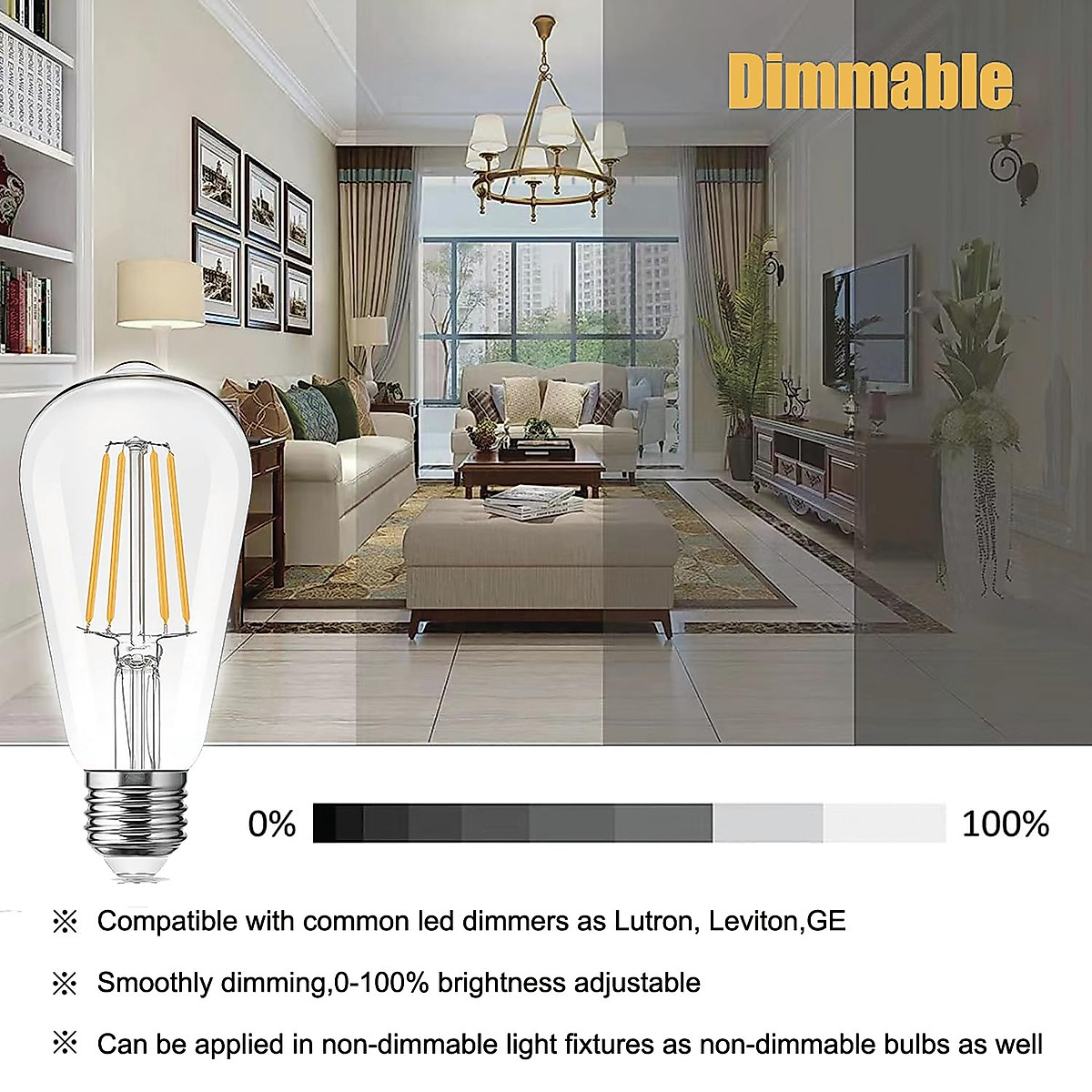 LED Light Bulbs Edison dimmable Bulbs Warm White 2700K Light Bulbs,E26 Base Energy Saving Equivalent 60W Incandescent watt,Antique Glass Style for Home, Bedroom. (2700k Warm White, 4-Pack)