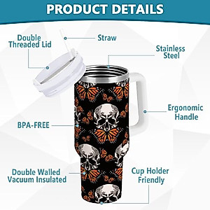 Slewiaeky Tumbler with Handle 40 oz Skull Butterfly Orange Travel Mug with Lid and Straw Stainless Steel Vacuum Insulated Water Bottle Cup for Iced Tea Coffee Cold Beverages Cup Holder Friendly