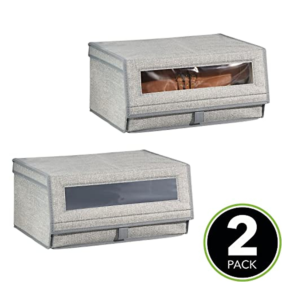 mDesign Large Fabric Closet Shoe Storage Box w/Clear Window - Shoe, Sandal, Sweater, Linen, Clothes Organizer - Boot Storage Solutions - Shoe Bin - Lido Collection, 2 Pack, Gray