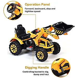 GLACER Ride on Excavator, 12V Battery Powered Digger w/ 2 Speeds, Forward & Backward, Front Loader Bucket, Horn, Safety Belt, Electric Construction Vehicles for Kids 3-8 Years Old (Yellow)