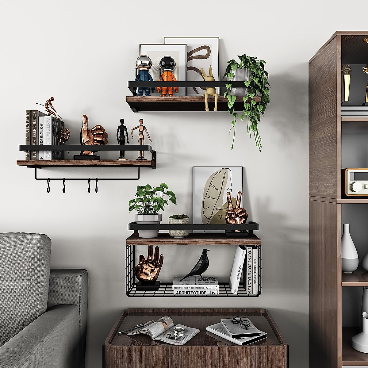 WXCGX Floating Shelves, Rustic Floating Shelves Wood Over Toilet with Paper Storage Basket, Farmhouse Wall Mounted Shelves Floating Shelf for Bathroom Bedroom Wall Decor Living Room Kitchen (3-Brown)