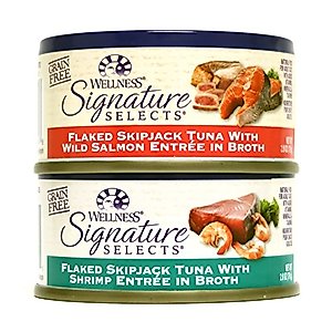 Wellness Natural Grain Free Signature Selects Flaked Wet Cat Food Variety Pack Box - 2 Flavors (Wild Salmon & Shrimp) - 2.8 Ounces Each (12 Total Cans)