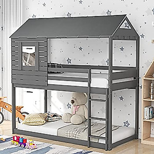 Tidyard Twin Over Twin Bunk Bed Wood Loft Bed with Roof, Window, Guardrail and Ladder Gray for Bedroom Dorm Guest Room Home Furniture
