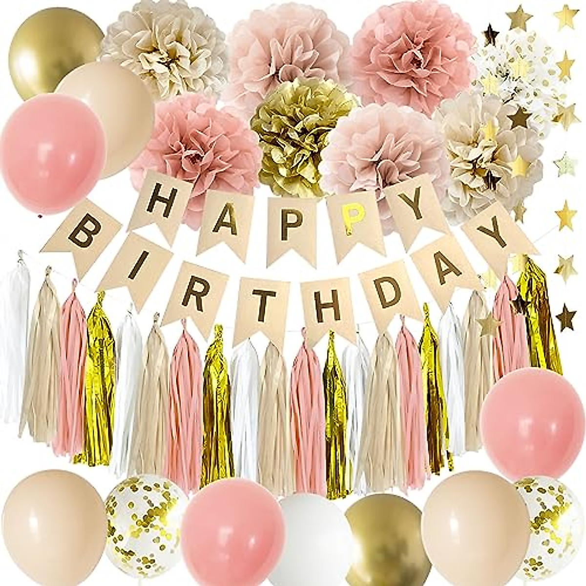 ANSOMO Retro Pink Happy Birthday Party Decorations Dusty Rose Gold Nude Blush Apricot Tan Kraft Paper Banner Balloons Rustic Boho Décor Supplies Women Girls Baby Tassel Garland
