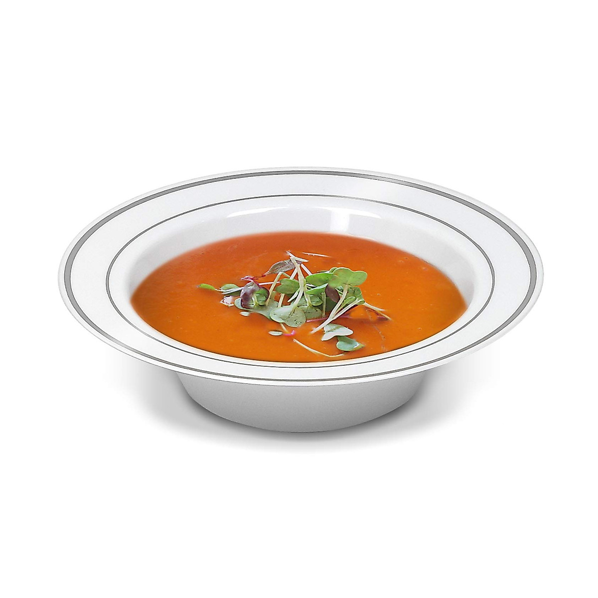 BloominGoods 50 Disposable White Silver Trim Plastic Dessert Bowls | SMALL 6 oz. Premium Heavy Duty Disposable Dinnerware with Real China Design | Safe & Reusable and Great for Parties (50-Pack)