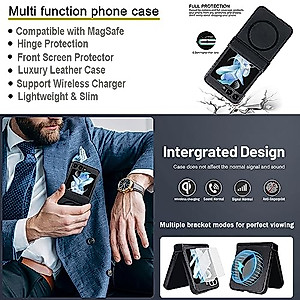 Gufiire for Samsung Galaxy Z Flip 5 Case with Hinge Protection, Front Screen Protector, Carbon Fiber Texture Leather Case Compatible with MagSafe Full Protection Phone Case for Galaxy Z Flip5 (Black)