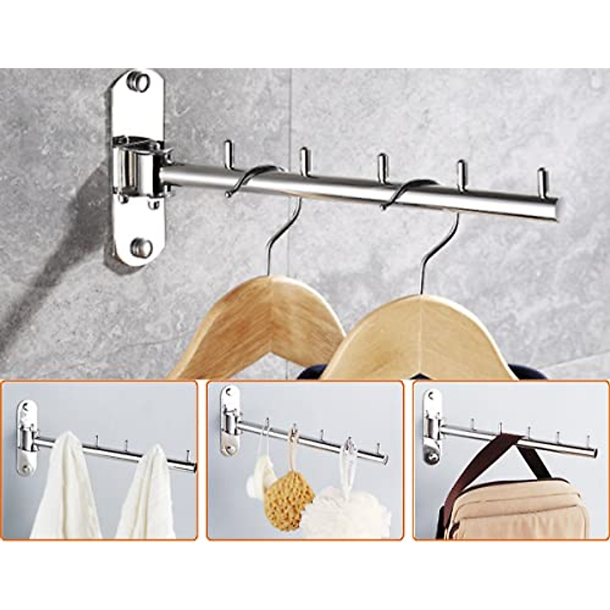 Clothes Hanger Rack Swing Arm, Folding Clothes Hanger Wall Mounted Space Saving Drying Rack, Stainless Steel 304 Laundry Room Valet Hook Holder, Foldable Hanging Hook Rod (Silver)
