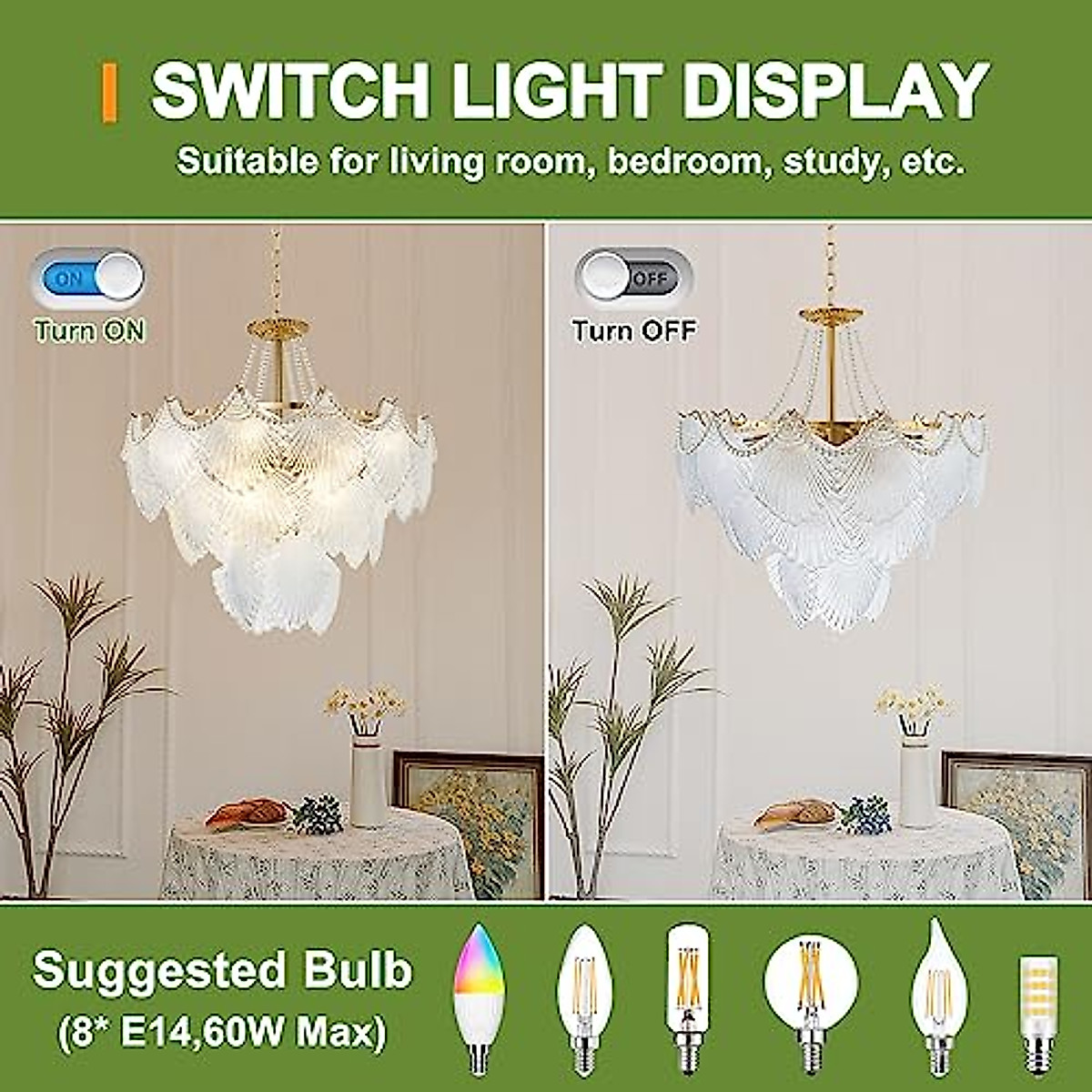 FINE MAKER Modern Glass Chandelier, 24'' Golden Vintage Chandelier for Dining Room, 3 Tiers Hanging Pendant Ceiling Light Fixture with Glass Shell Pearl Shades for Living Room, Bedroom, Kitchen